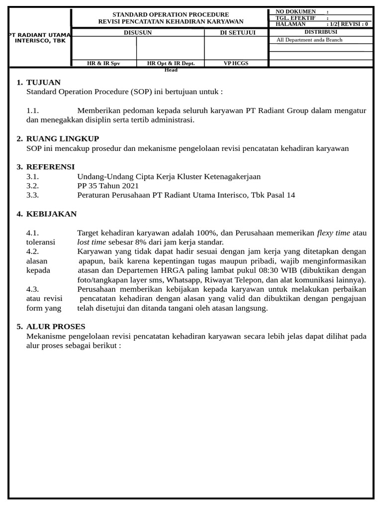 SOP Pengelolaan Revisi Pencatatan Kehadiran Karyawan | PDF