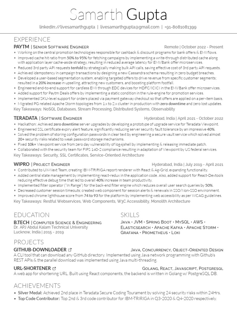 Samarth Gupta Golang Resume Target | PDF | Java (Programming Language) | Cache (Computing)