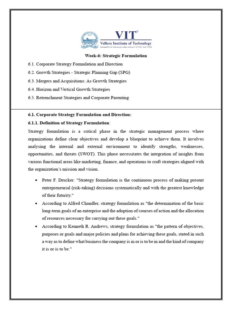 Week-6 Strategic Formulation Notes | PDF | Mergers And Acquisitions ...
