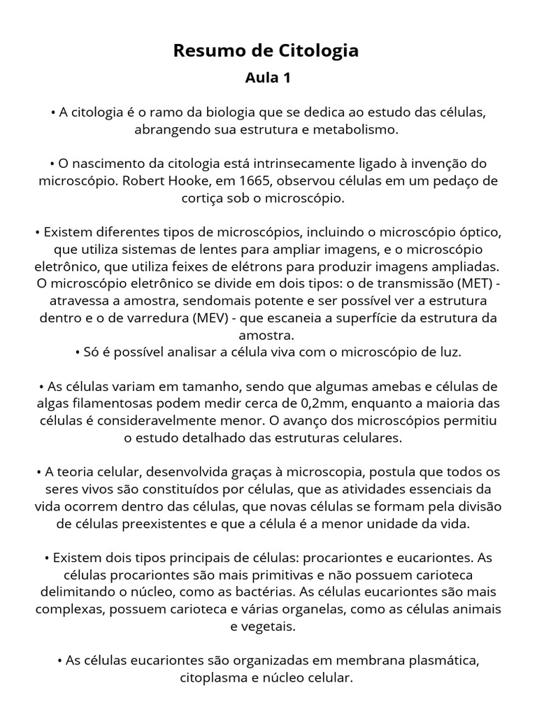 Resumo de Citologia (Aula 1) | PDF | Célula (Biologia) | Microscópio