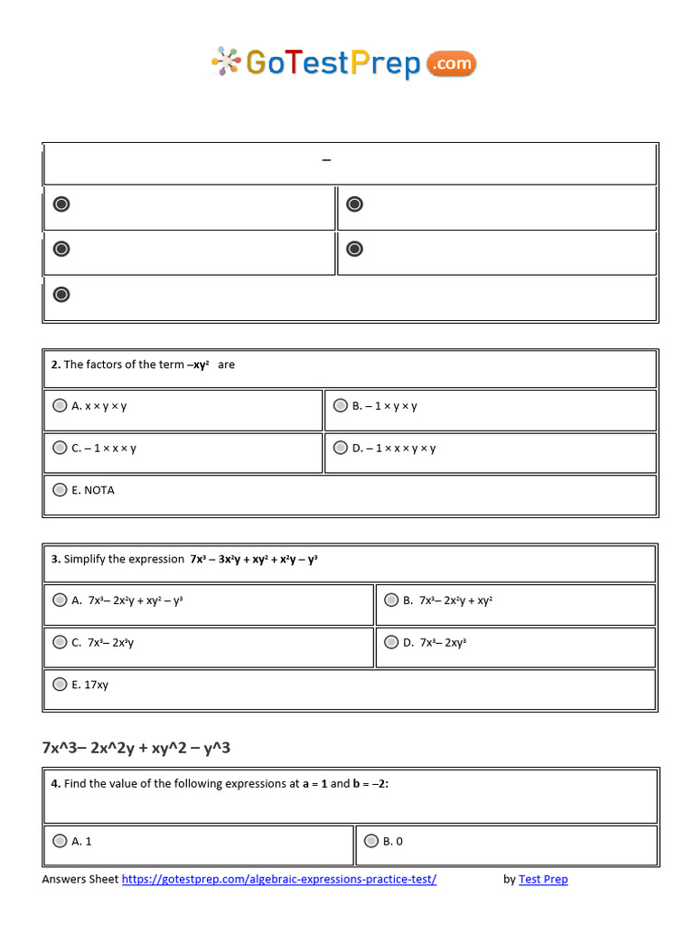 Algebraic Expressions Practice Test Answers | PDF | Convex Geometry ...