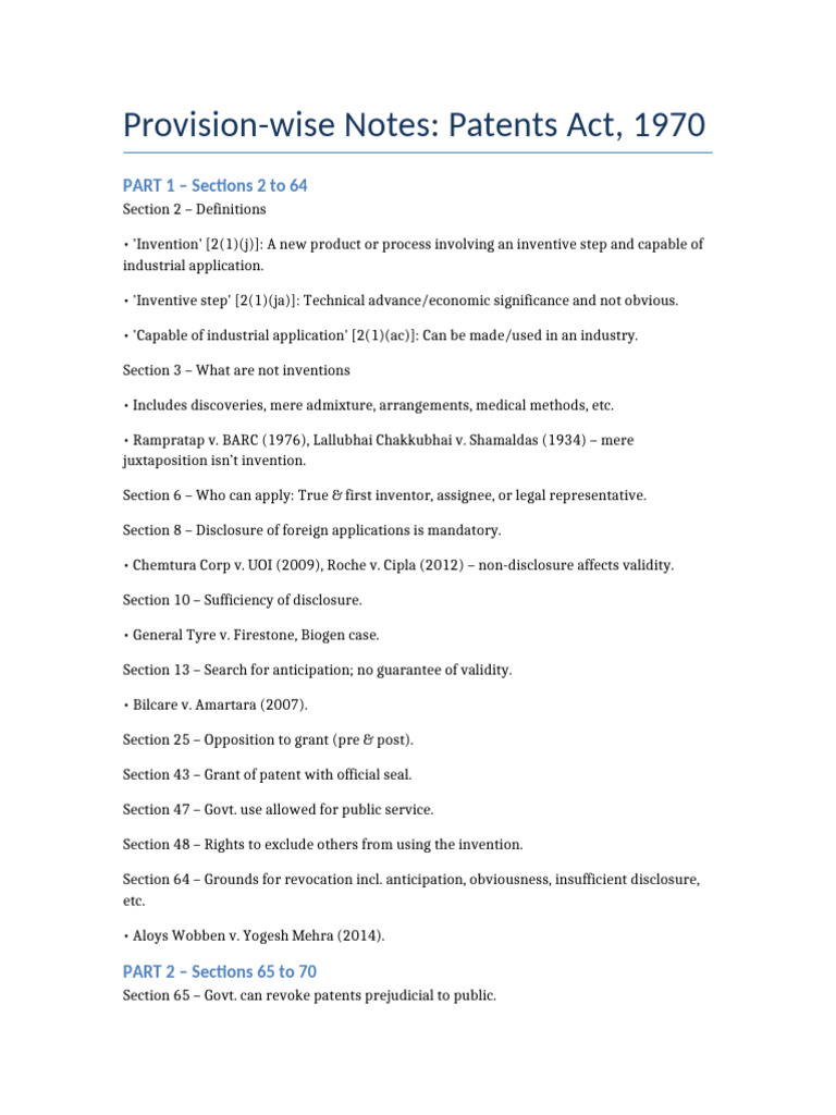 Patent Act Provision Notes | PDF | Patent | License