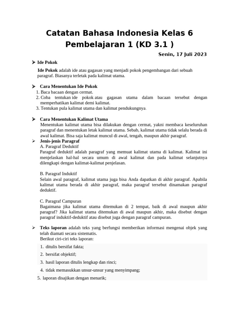 Catatan Bhs. Indonesia Kelas 6 Tema 1 2023 | PDF