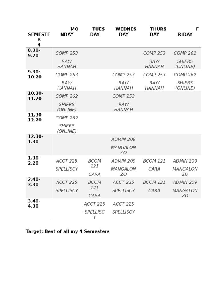 Semester 4 Class Schedule Overview | PDF