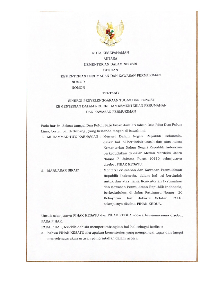 MOU Mendagri Menteri PKP | PDF