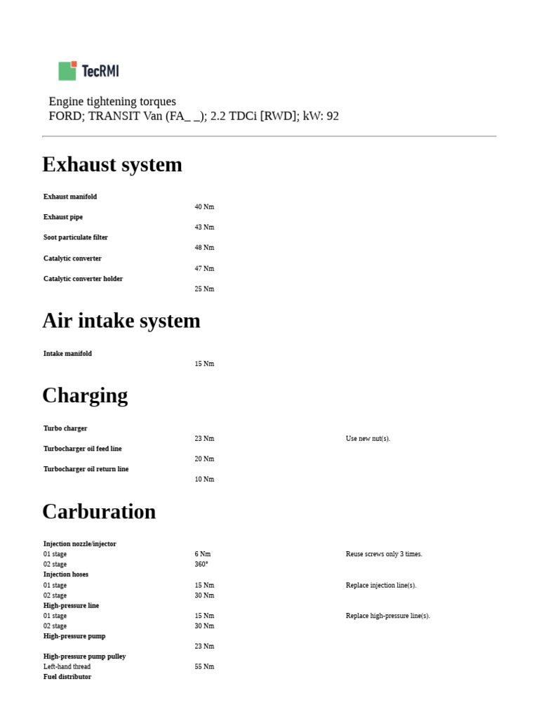 Ford Tdci Torque Settings | PDF | Turbocharger | Fuel Injection
