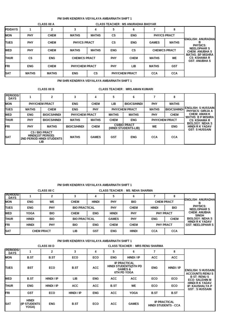 KV Ambarnath Class 10-12 Timetable 2025-26 | PDF | Languages Of India