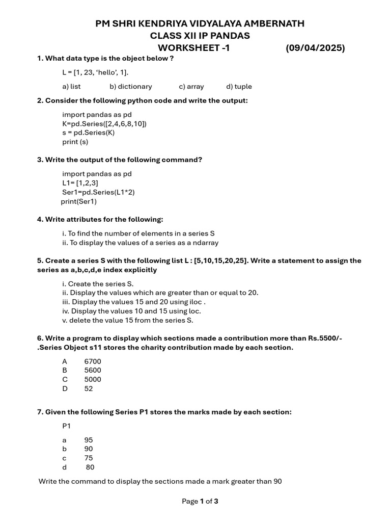 Pandas Series Worksheet1 | PDF | Computer Science | Computer Data