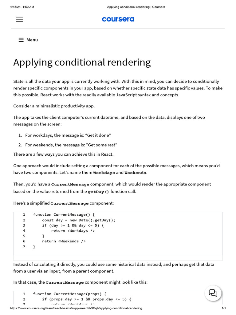 Applying conditional rendering _ Coursera - Copy | PDF