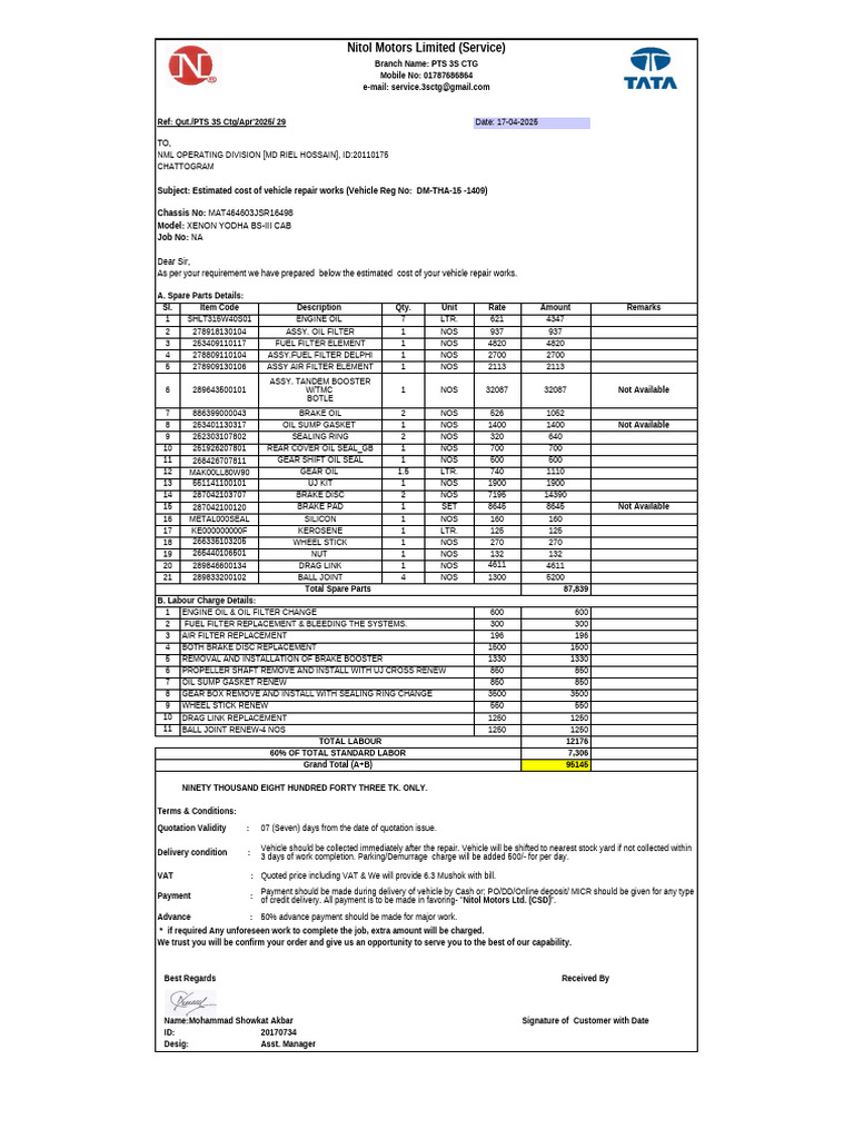 Final Quotation For DM THA 51 1409 | PDF | Brake | Vehicles