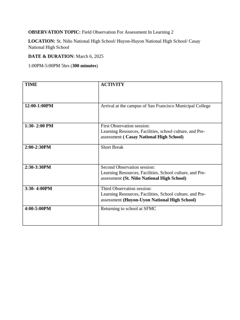 Field Observation Report: Learning Assessment | PDF