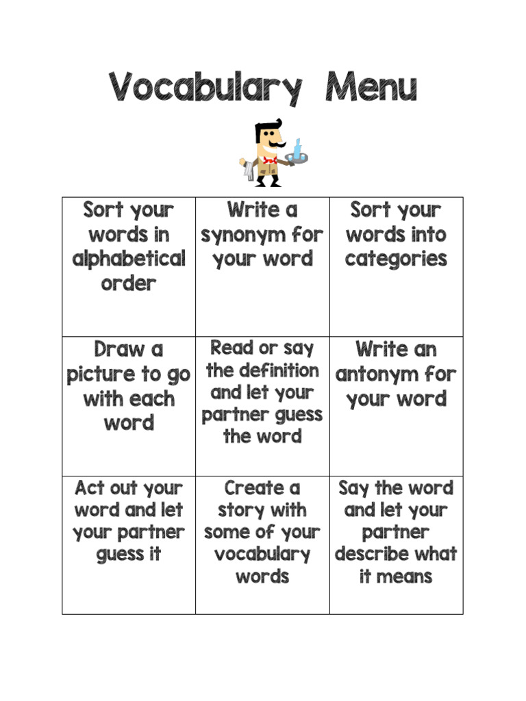 Vocabulary Menu: Sort Your Words in Alphabetical Order Write A Synonym ...