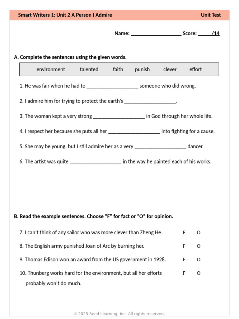 Smart Writers 1 (Unit Test) - U2 | PDF
