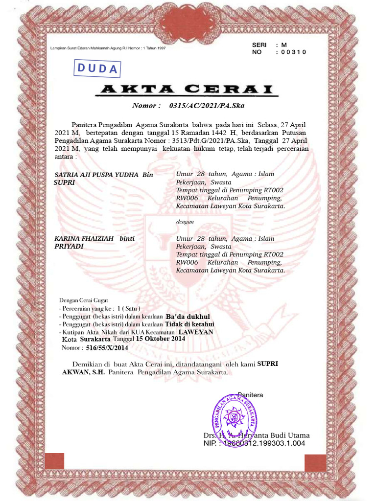 Akta Cerai Karina dan Satria 2021 | PDF