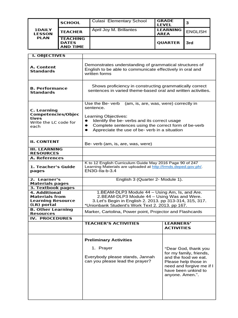 Grade 3 English Lesson Plan: Be Verbs | PDF | Subject (Grammar ...