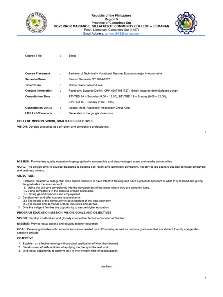 Ethics Obe Course Syllabus | PDF | Morality | Virtue Ethics