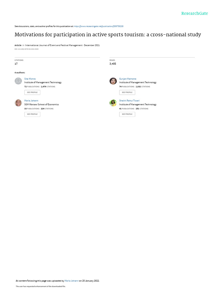 Motivations For Participation in Active Sports Tourism A Cross National ...