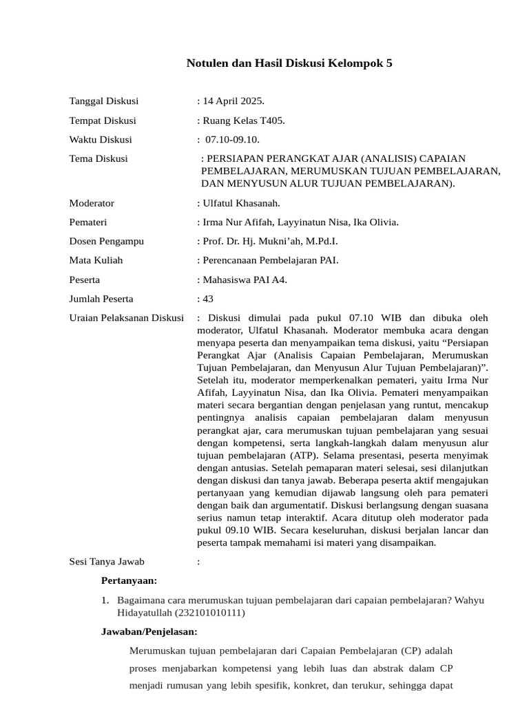 notulen dan Hasil Diskusi Kelompok 5 | PDF