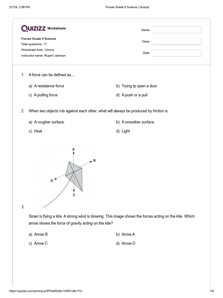 Grade 5 Forces Quiz Worksheet | PDF | Weight | Force