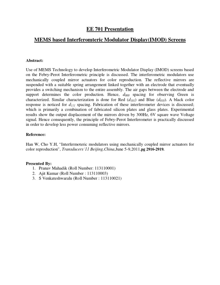 MEMS-Based IMOD Screen Technology | PDF | Science & Mathematics