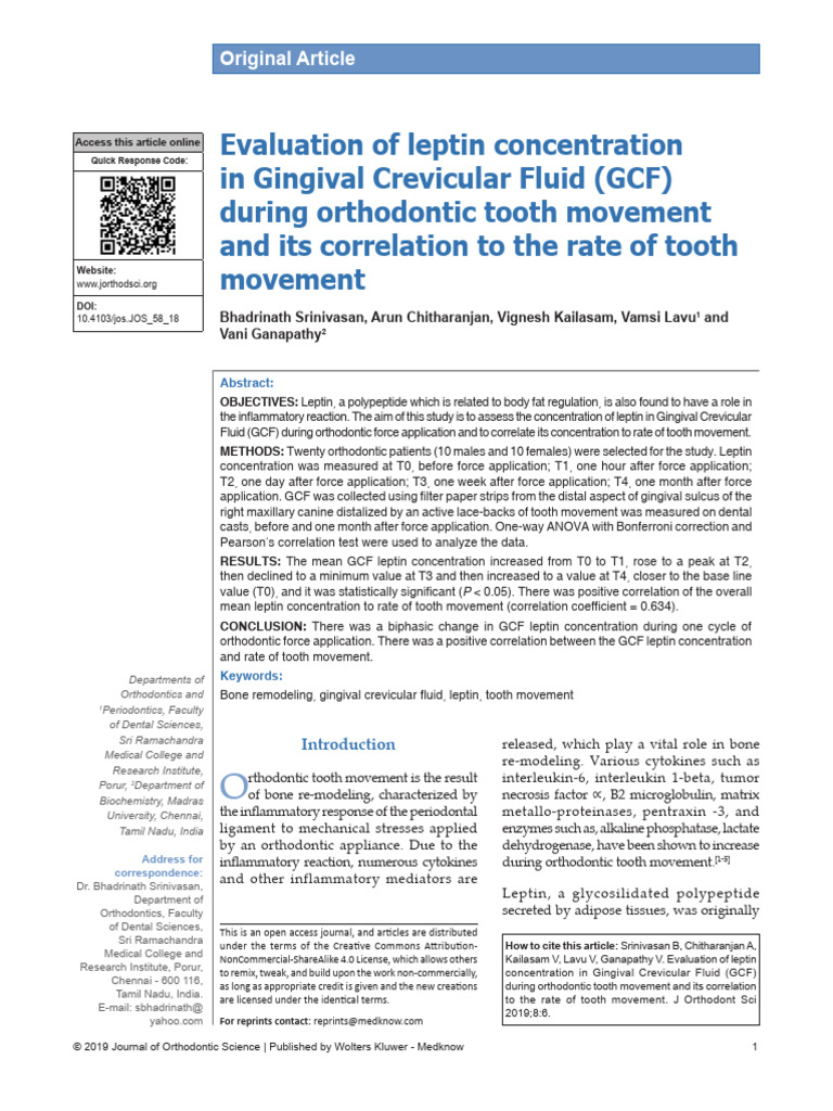 Evaluation of Leptin Concentration in Gingival Crevicular Fluid (GCF ...