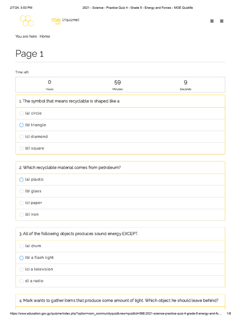 2021 - Science - Practice Quiz 4 - Grade 5 - Energy and Forces - MOE ...