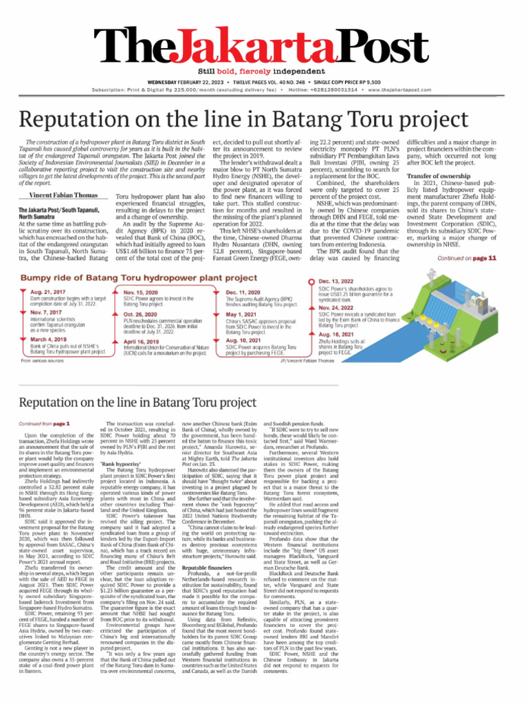 20230222-JakartaPost-Batang Toru Power Plant | PDF