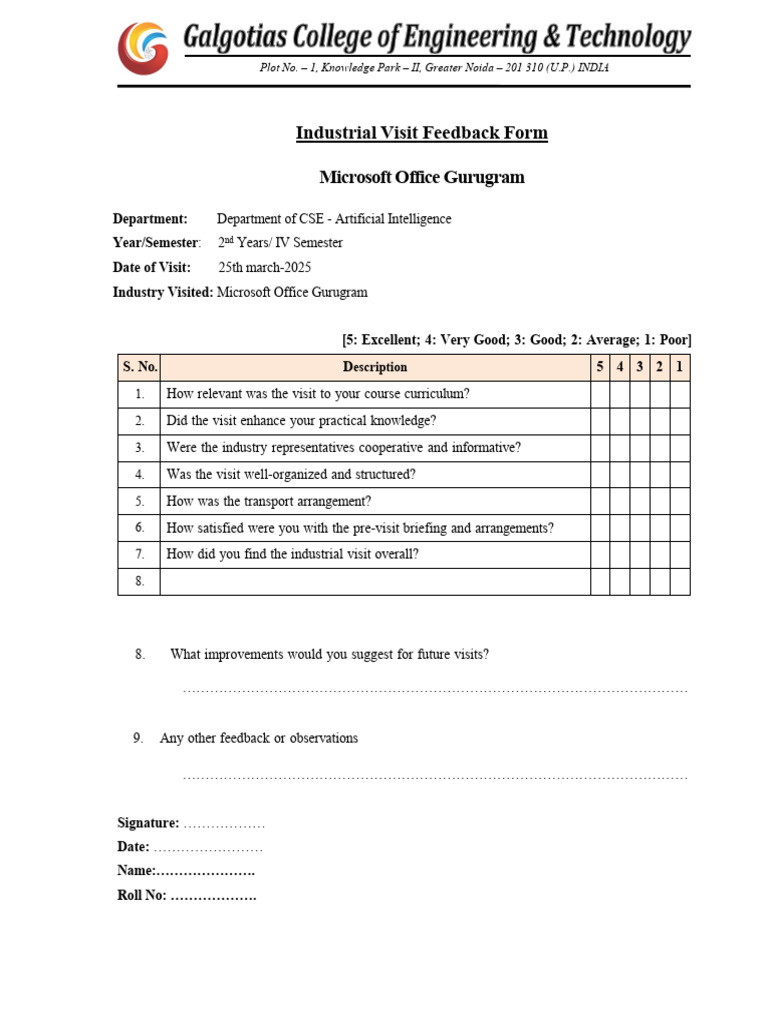 Industrial Visit - Feedback Form Students | PDF
