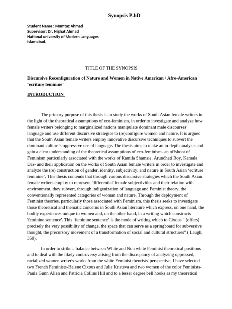 Synopsis PHD Thesis | PDF | Feminism | Gender Studies