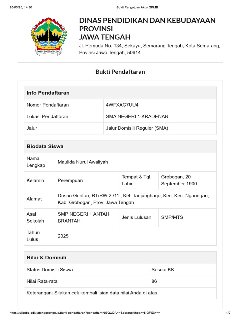 Bukti Pengajuan Akun SPMB | PDF