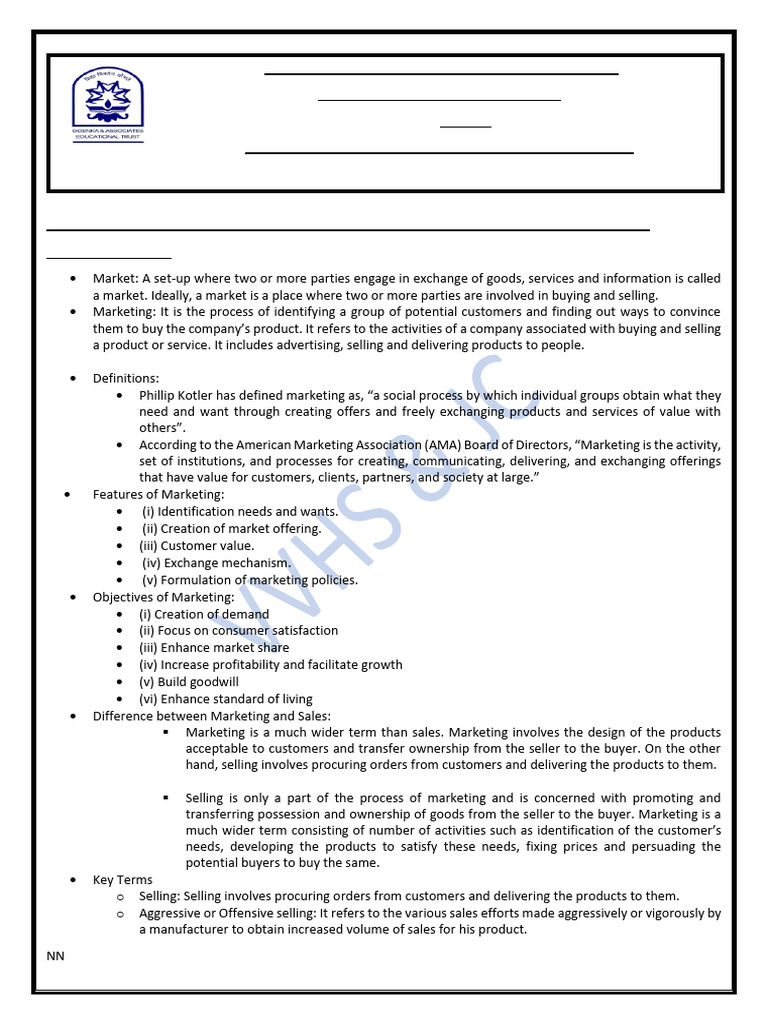 Grade 10 Commercial Studies Notes 2024 | PDF | Marketing | Sales