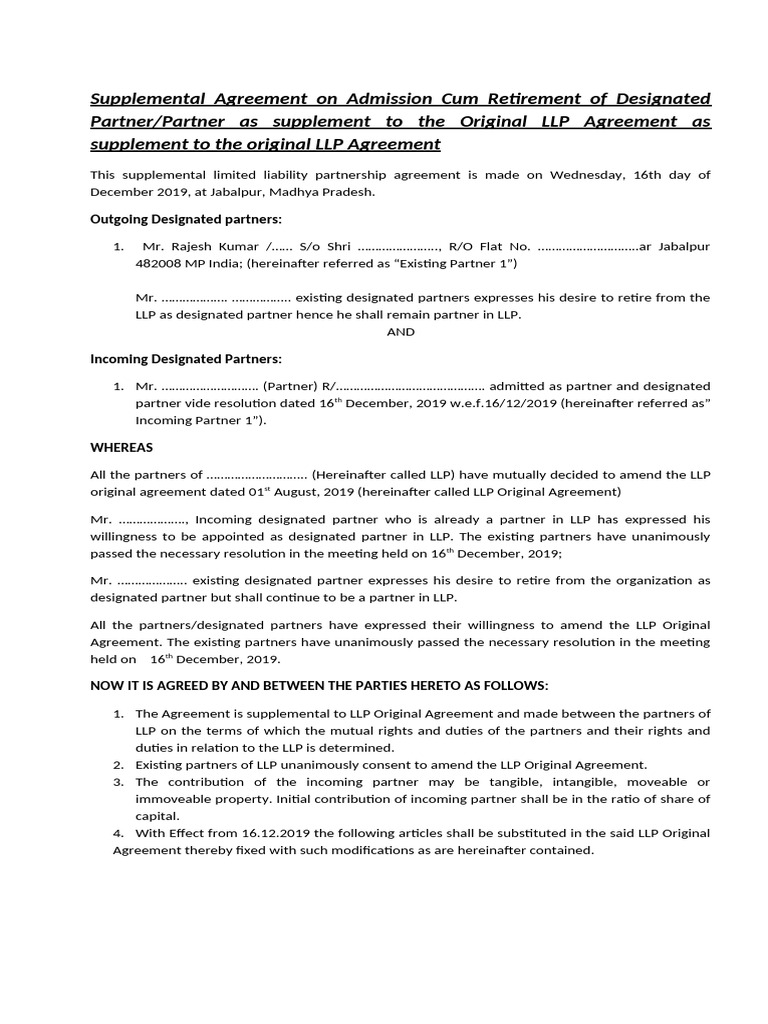Supplemental Agreement On Admission of As Supplement To The Original ...