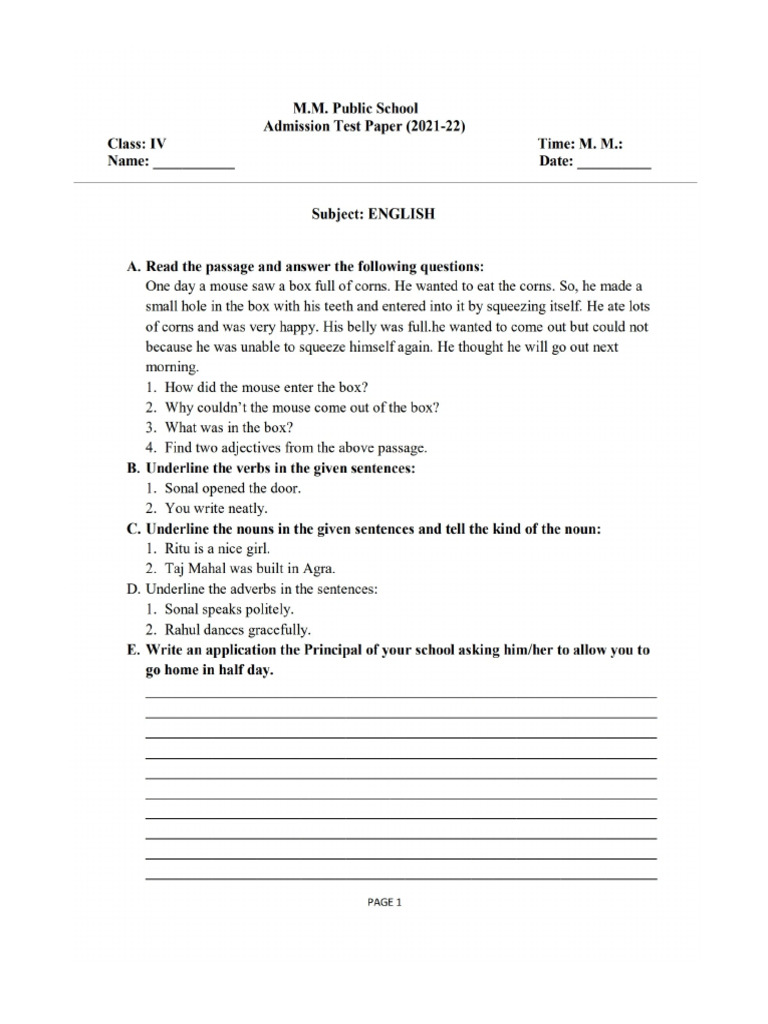 Admission Test Paper Class 4 | PDF