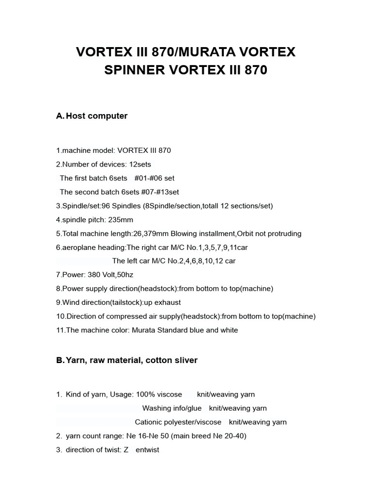 Vortex III 870 Manual Overview | PDF | Yarn | Spinning (Textiles)