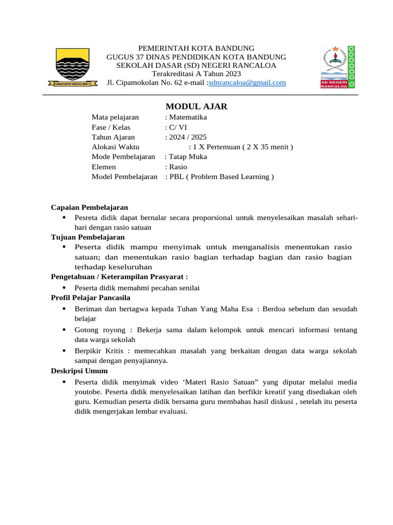 Modul Ajar Matematika: Rasio Satuan SD VI | PDF