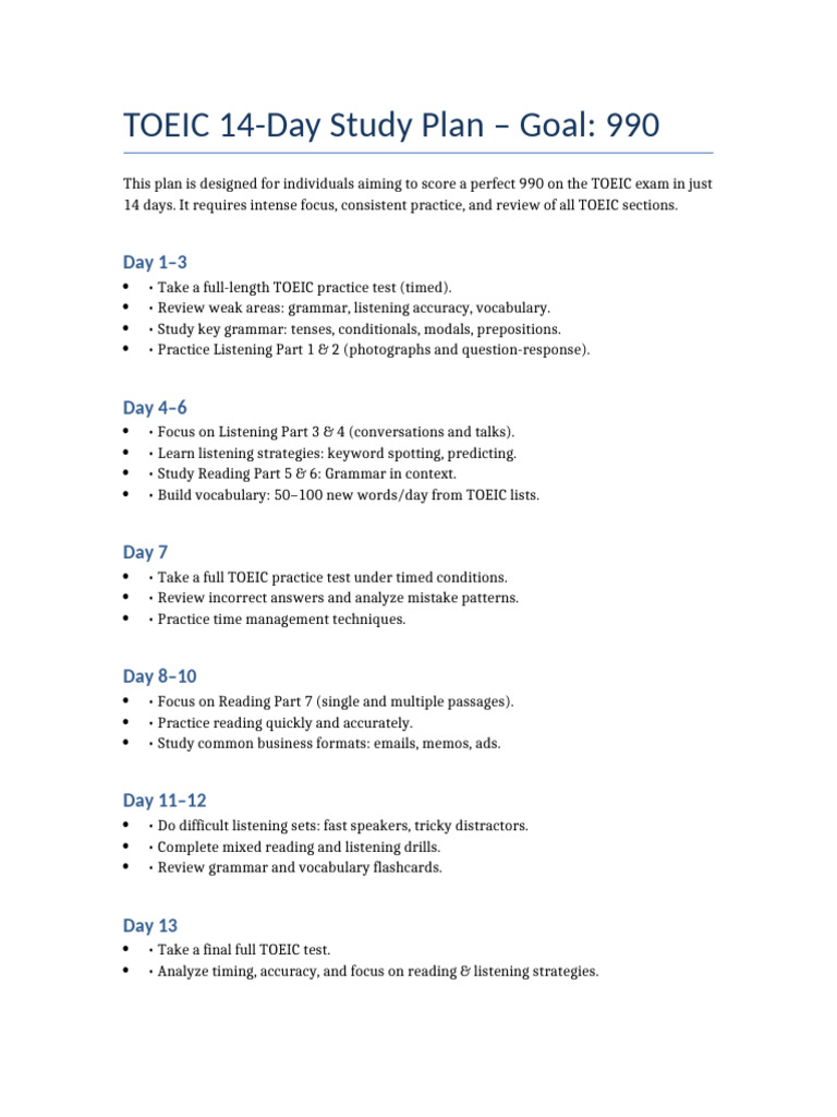 14-Day TOEIC Study Plan for 990 | PDF