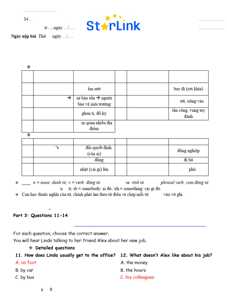 KEY Foreign Teacher S4 W32 U7 Vocabulary Revision & KET Listening | PDF