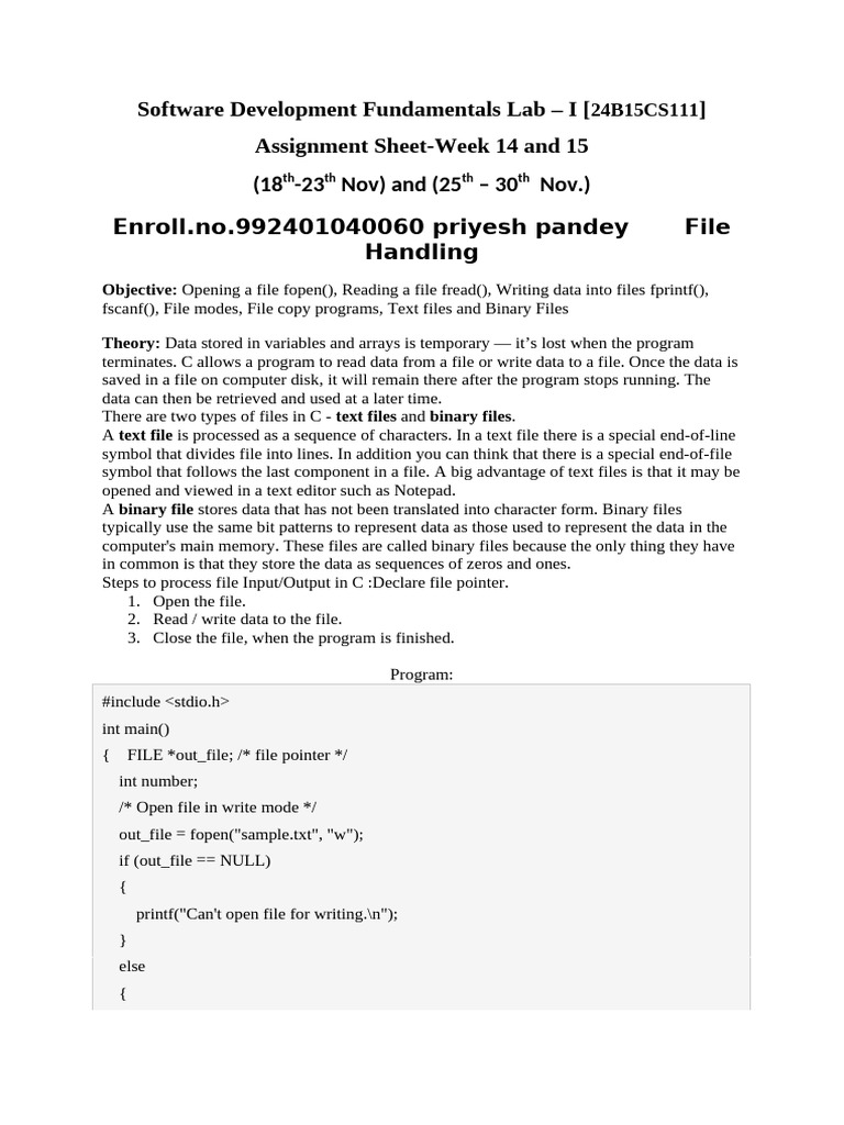 24B15CS111 - SDF Lab - 1 - Assignment 14 And15 | PDF | Computer File | Programming