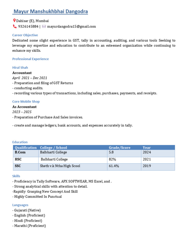 Accountant Resume of Mayur Dangodra | PDF