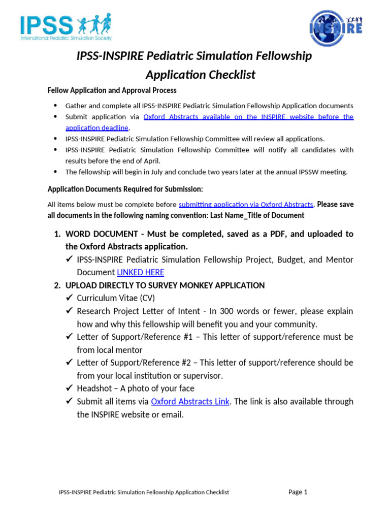 IPSS-INSPIRE Pediatric Simulation Fellowship Application Checklist | PDF