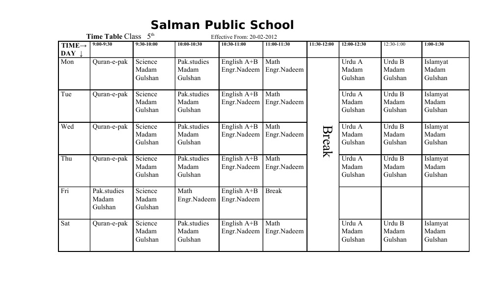 5th Class School Time Table | PDF
