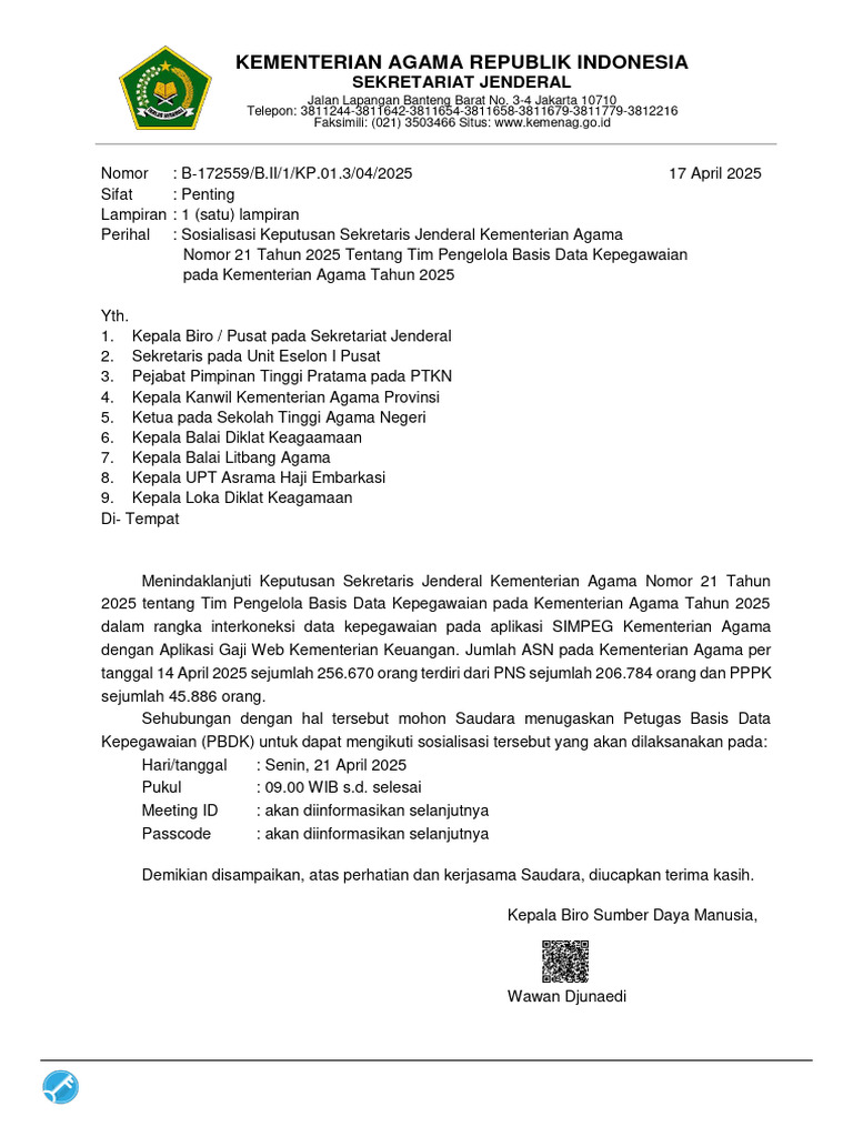 Undangan Sosialisasi Keputusan Sekretaris Jenderal Kementerian Agama Tentang PBDK | PDF