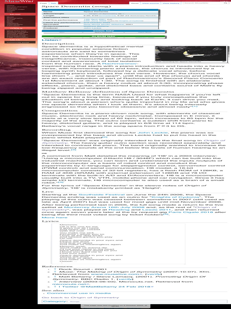 Space Dementia (Song) - MuseWiki Supermassive Wiki For The Band Muse | PDF | Tempo