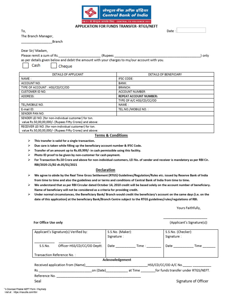Central Bank RTGS/NEFT Transfer Form | PDF | Financial Technology ...