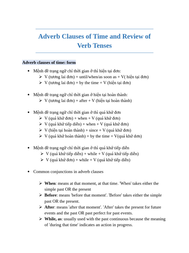 Adverb Clauses of Time and Review of Verb Tenses | PDF