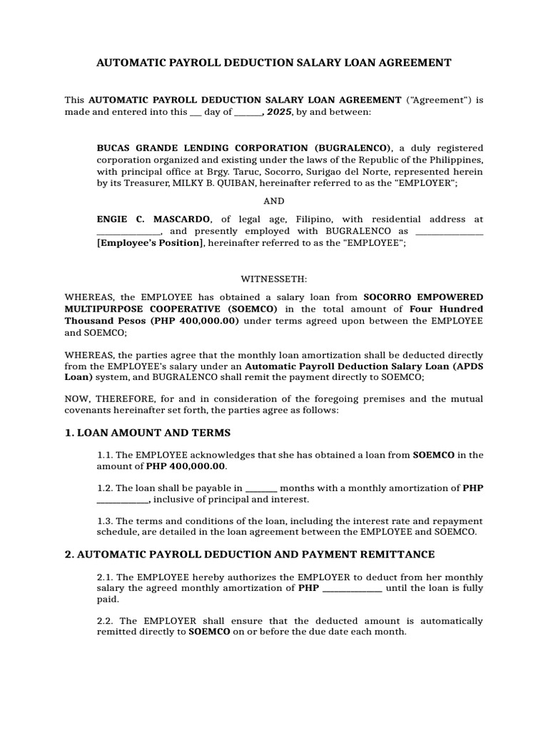 Automatic Payroll Deduction Salary Loan Agreement | PDF | Loans ...