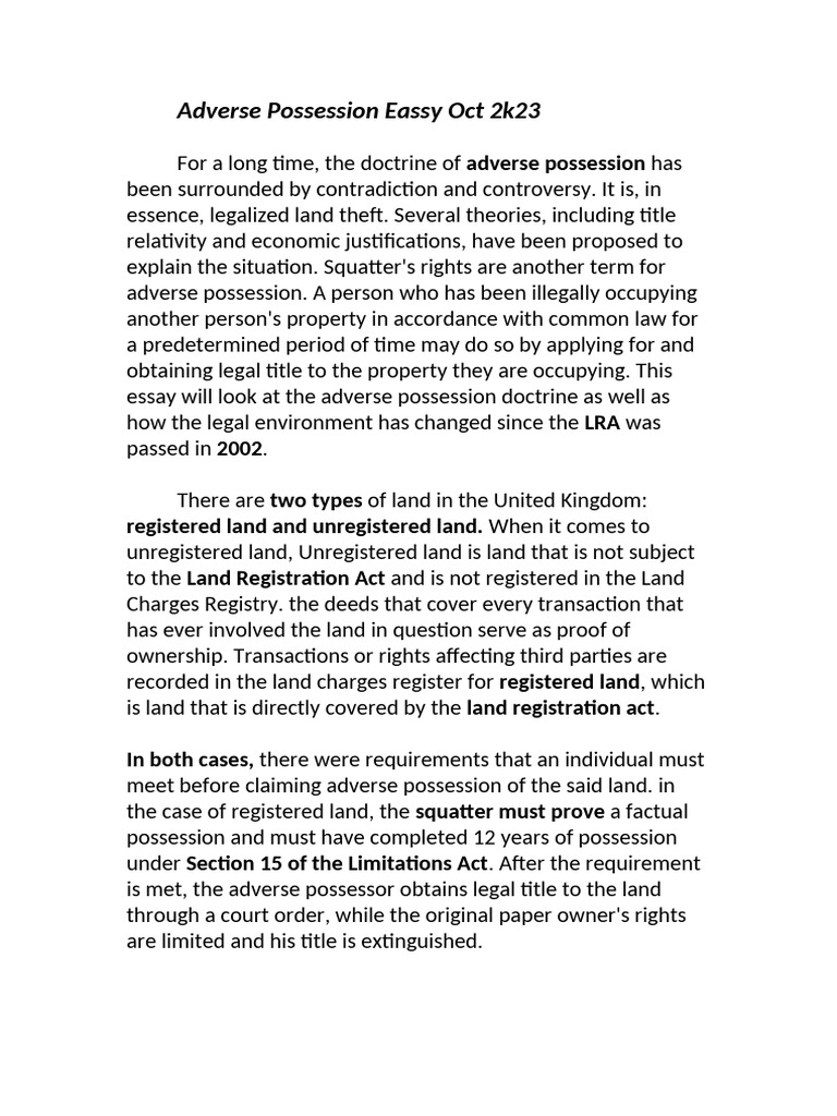 Adverse Possesion Eassy Rephrase Oct23K | PDF | Adverse Possession | Leasehold Estate