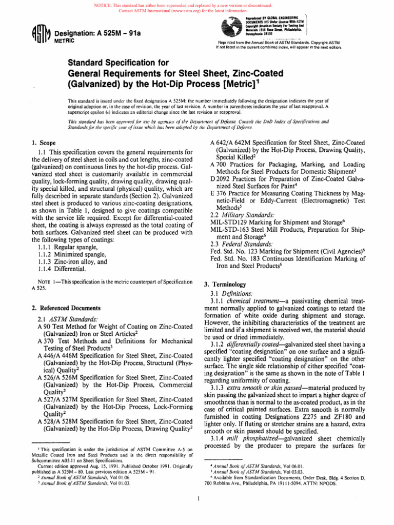 ASTM A525M-91 A General Requirements For Steel Sheet, Zinc-Coated ...