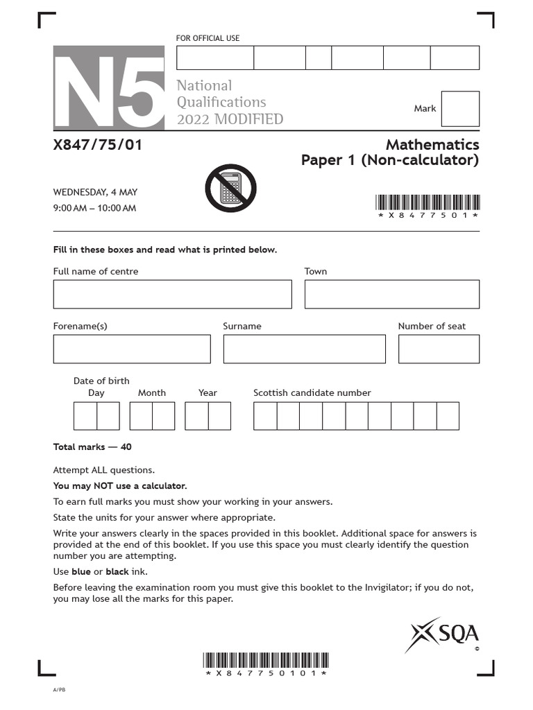 N5 Mathematics Paper1-Non-calculator 2022 | PDF | Circle | Area