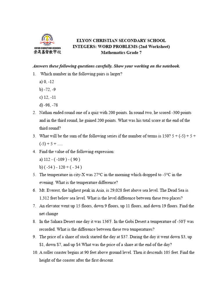 Integers- Word Problems | PDF